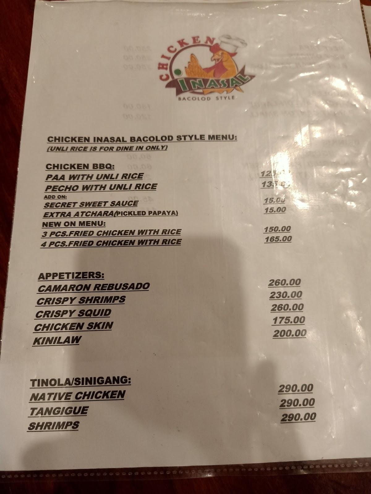 Menu at Chicken Inasal Grill House Bacolod Style restaurant, Cagayan de Oro