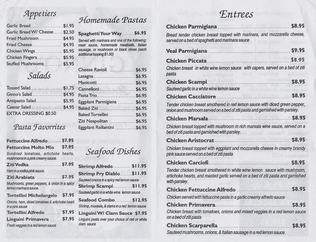 Menu at Ginno's Italian Restaurant, Cameron