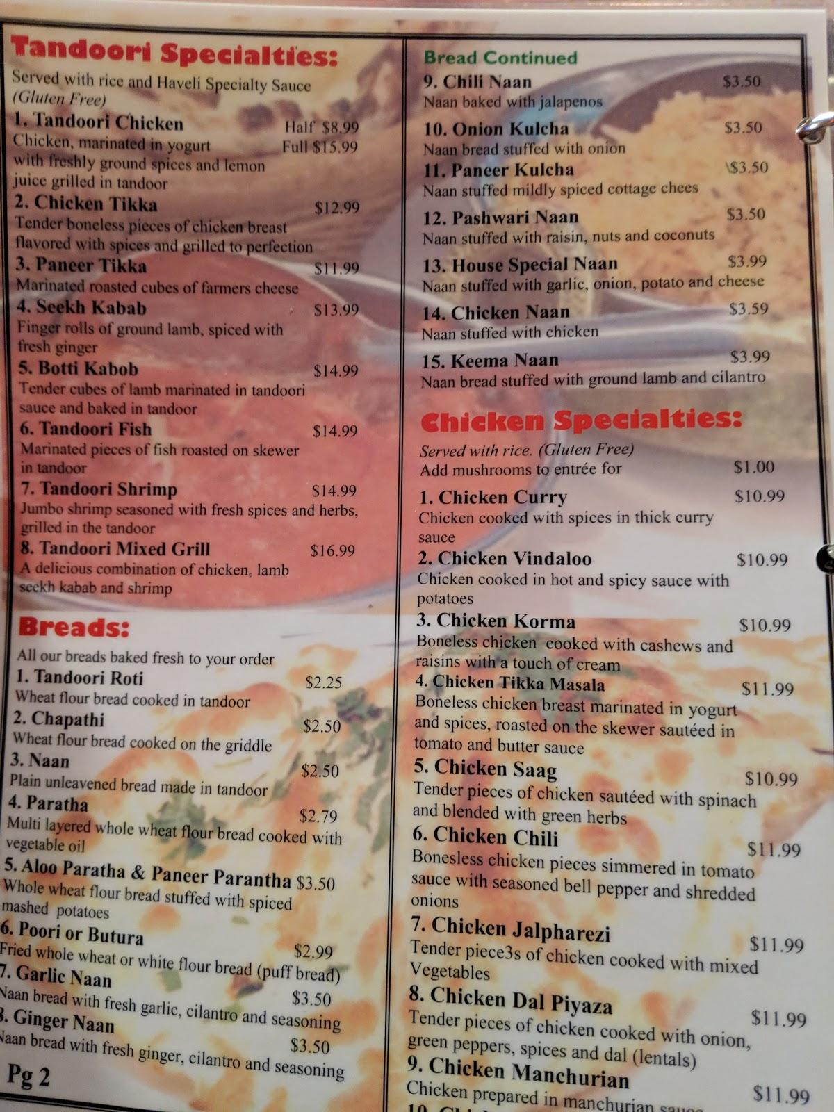 Menu at Haveli Indian Cuisine restaurant, Coralville