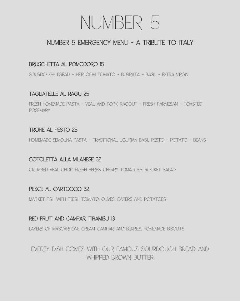 Menu at Number 5 restaurant, Auckland