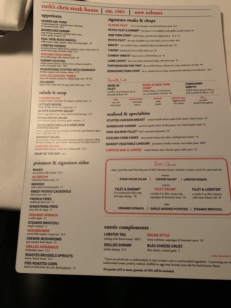 Menu at Ruth's Chris Steak House steakhouse, Rogers