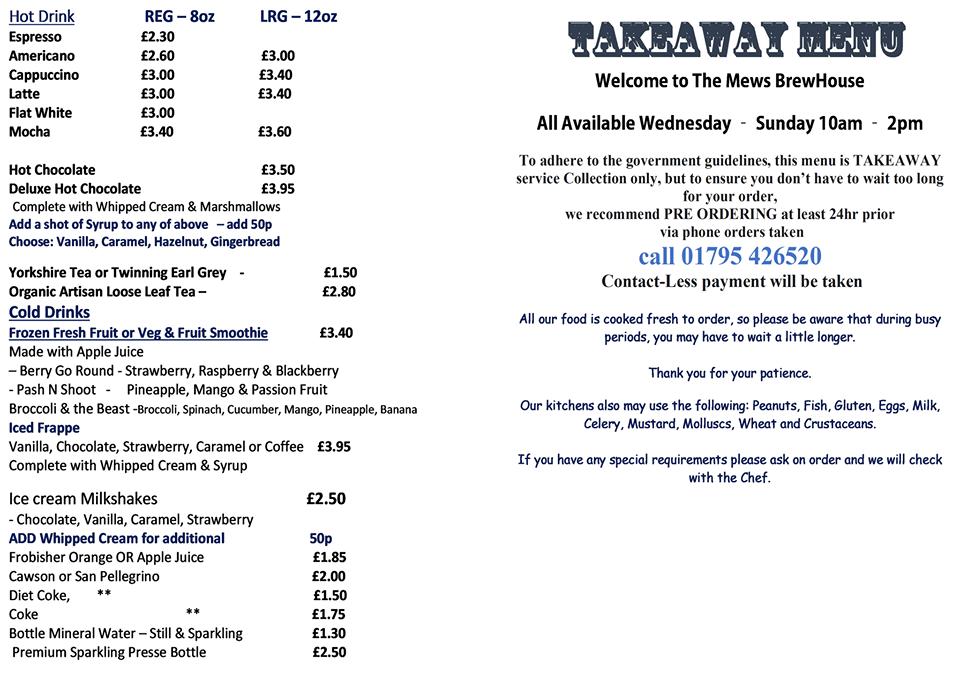 Menu at The Mews Brewhouse cafe, Iwade