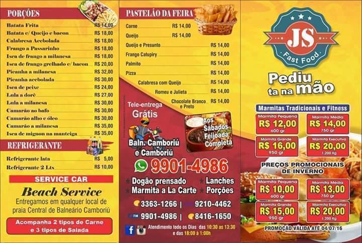Menu em JS Fast Food, Balneário Camboriú, Rua Canelinha