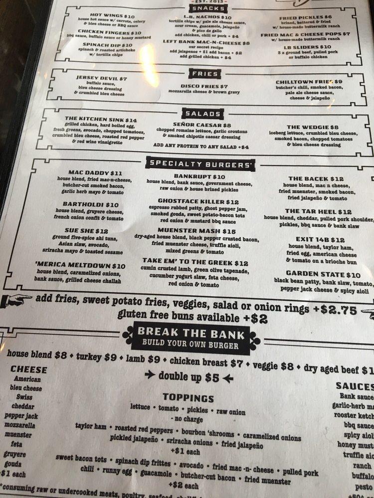 Menu at Left Bank Burger Bar, Jersey City