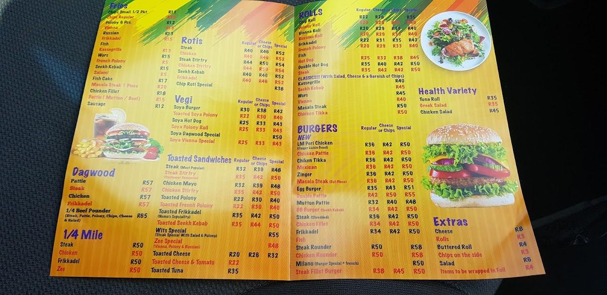 Menu at Nemo 's Fast Foods, Lenasia