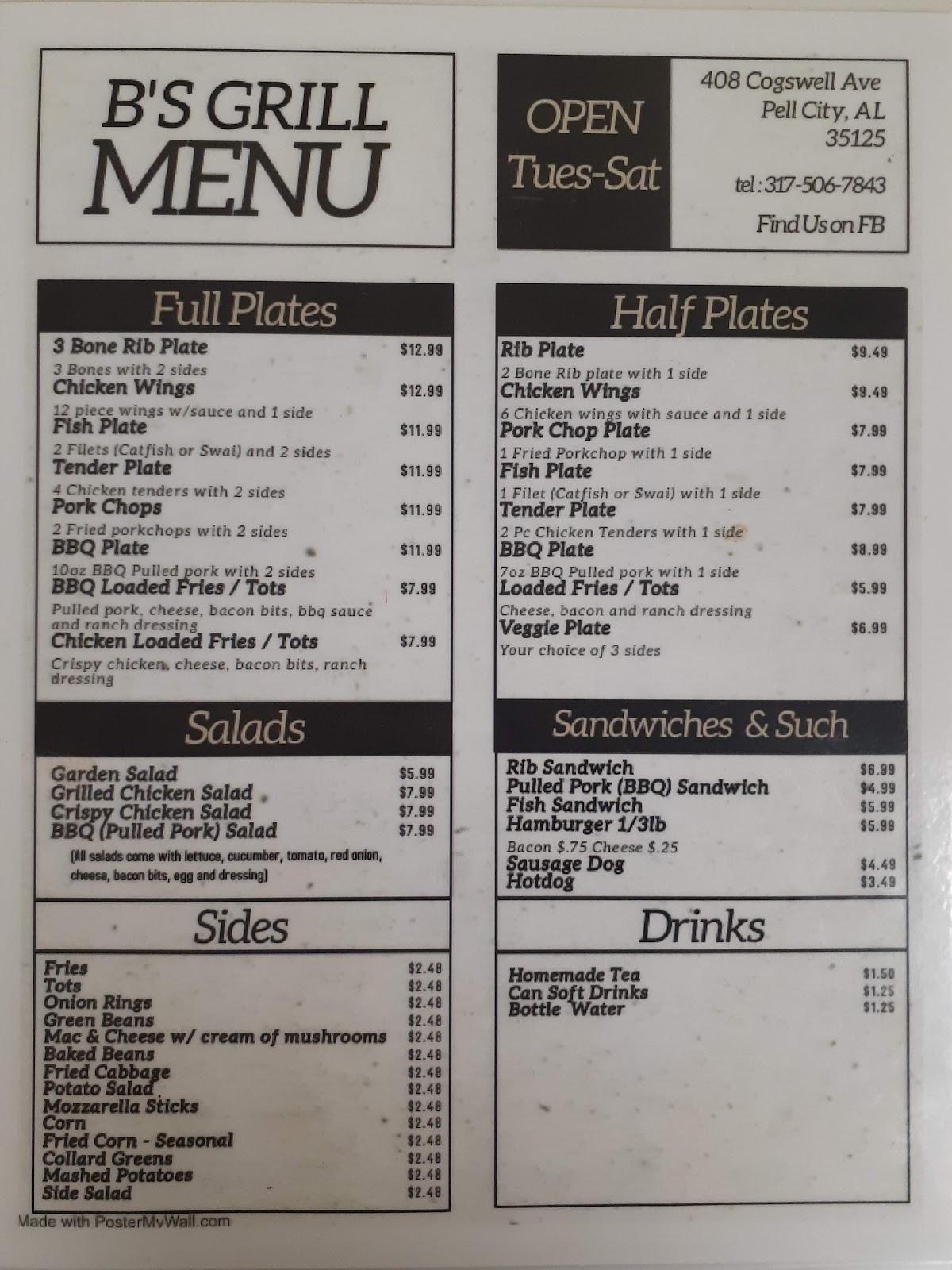 Menu at B's Grill restaurant, Pell City