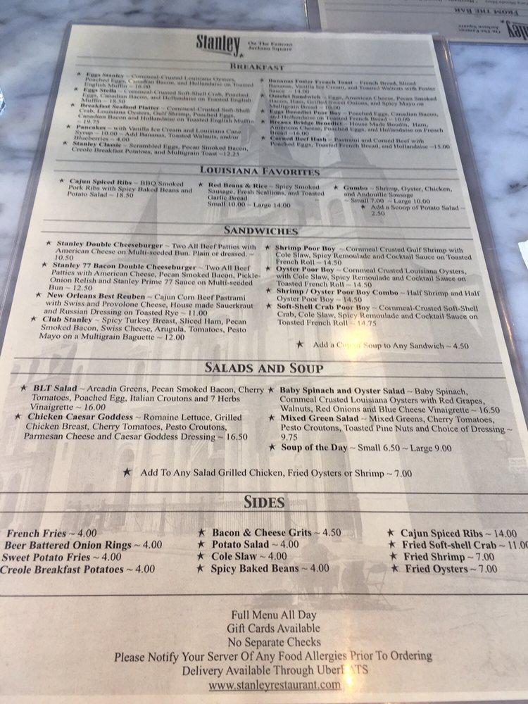 Menu at Stanley of New Orleans restaurant, New Orleans