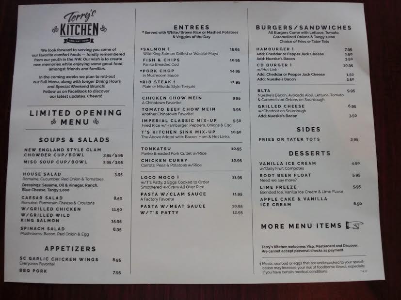 Menu at Terry's Kitchen restaurant, Bellevue