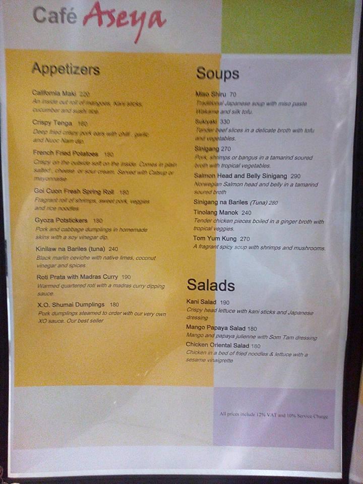Menu at Aseya cafe, Davao City