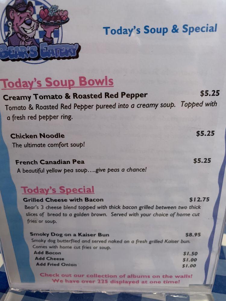 Menu at Bear's Eatery restaurant, Kimberley