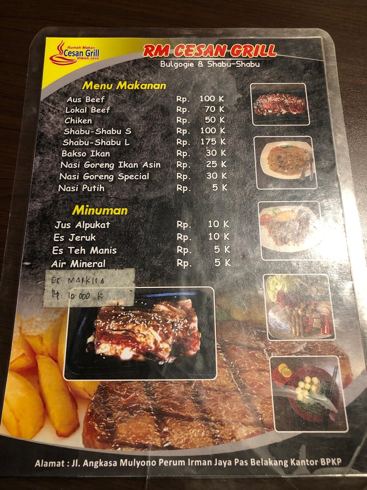 Menu at Cesan Grill restaurant, Manokwari