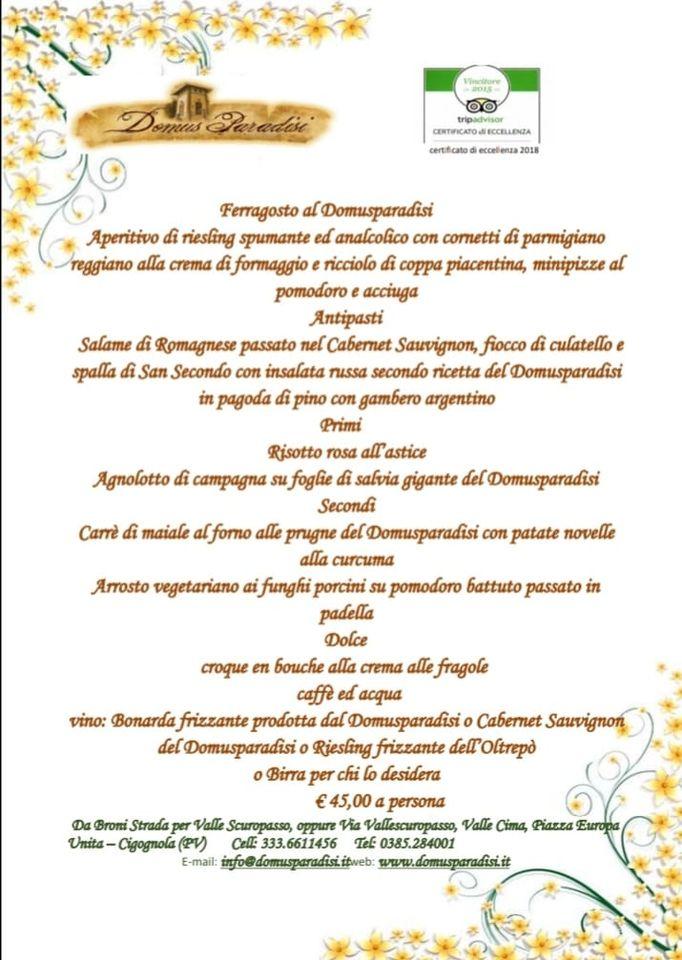 Menu da Ristorante Domus Paradisi, Cigognola