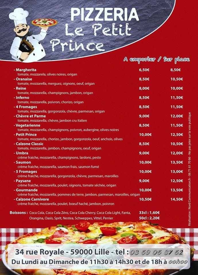 Menu at Le Petit Prince pizzeria, Lille