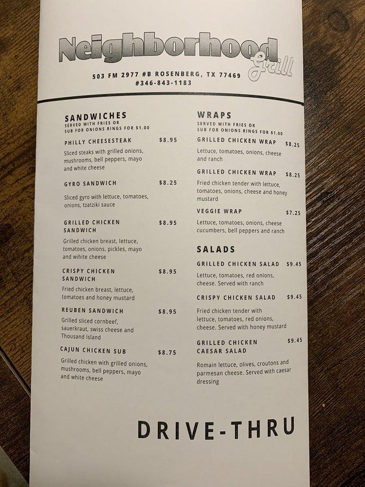 Menu at Neighborhood Grill restaurant, Rosenberg