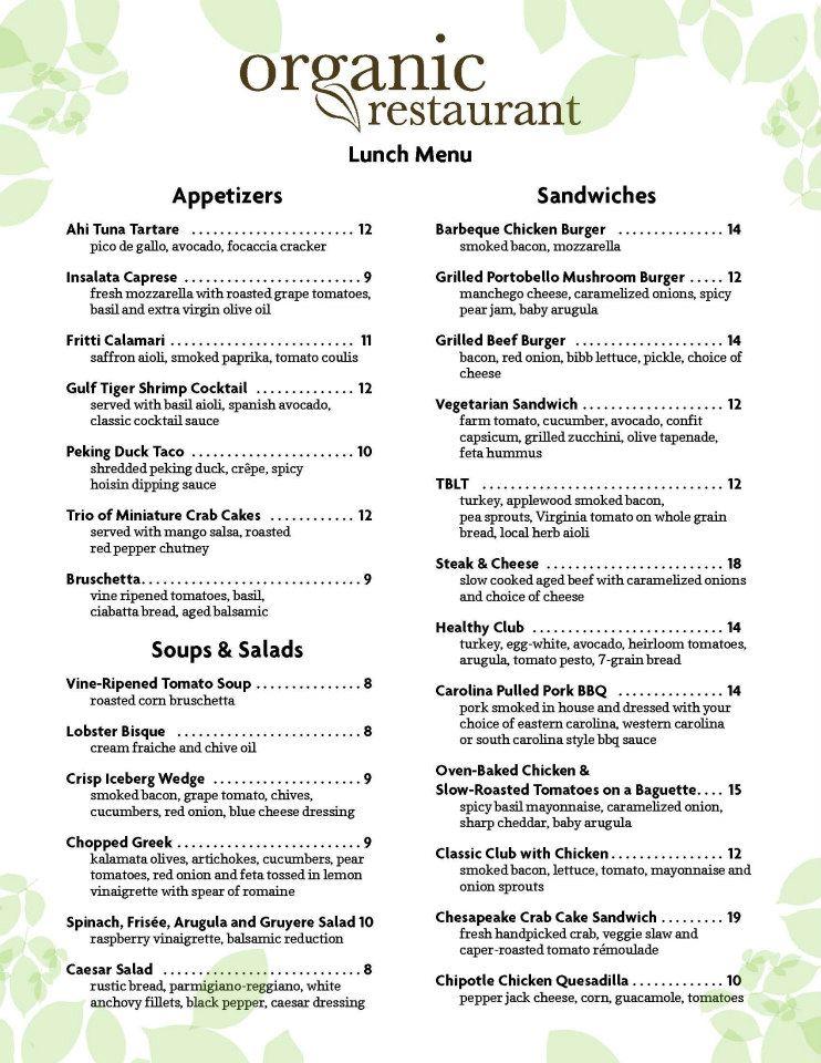 Menu at Organic Cafe, Sacramento, 345 Organic Ln