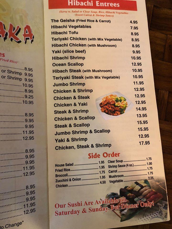 Menu at Osaka restaurant, West Jefferson