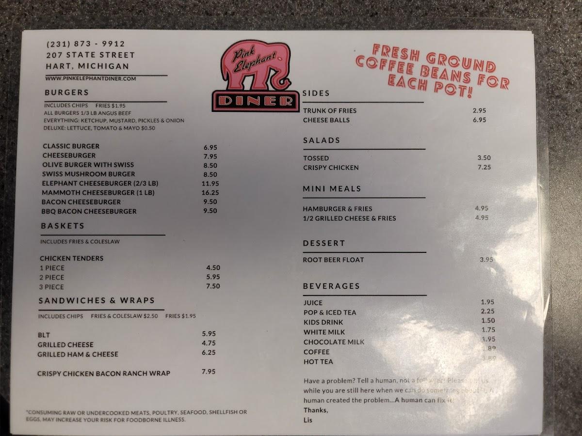 Carta del restaurante Pink Elephant Diner, Hart
