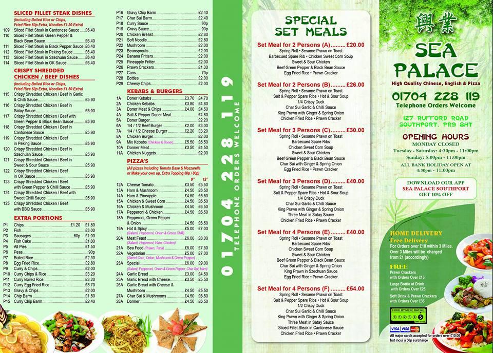 Menu at Sea Palace pizzeria, Southport