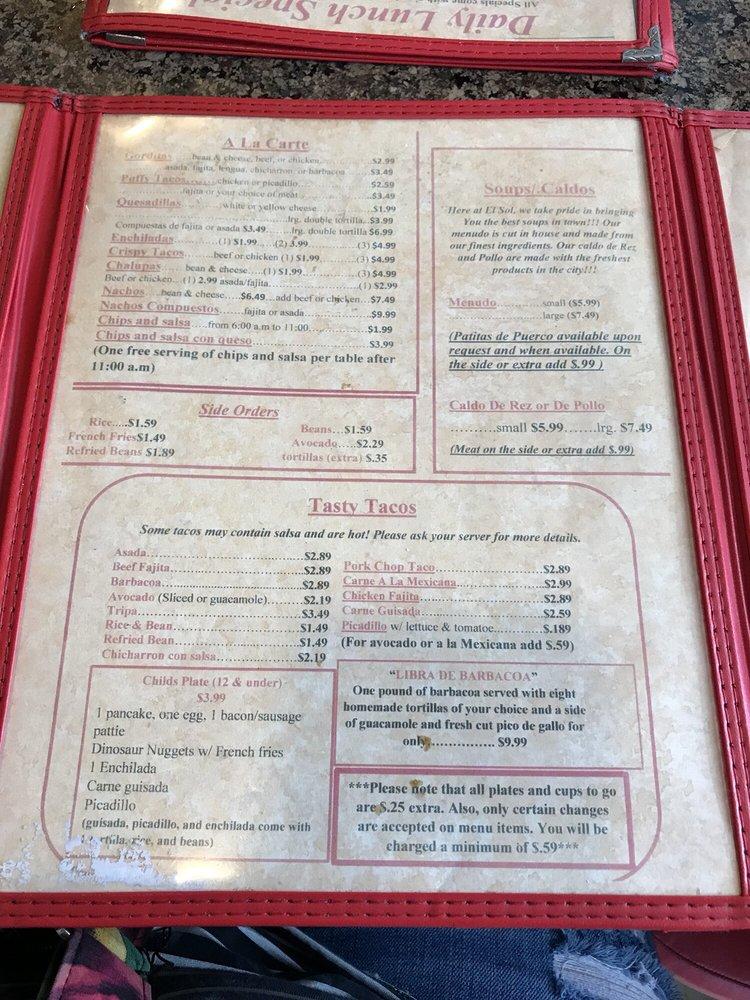 Menu at El Sol Mexican Restaurant, San Antonio