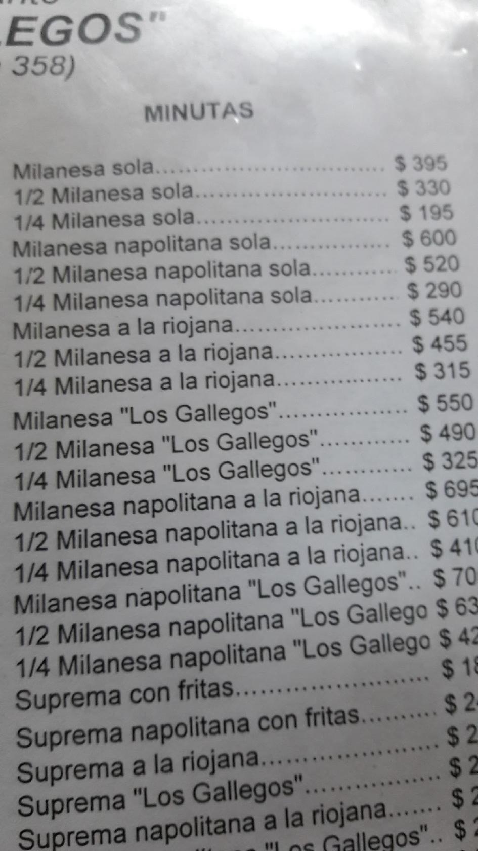 Carta del restaurante Los Gallegos, Quilmes, Pres. Juan Domingo Perón 358