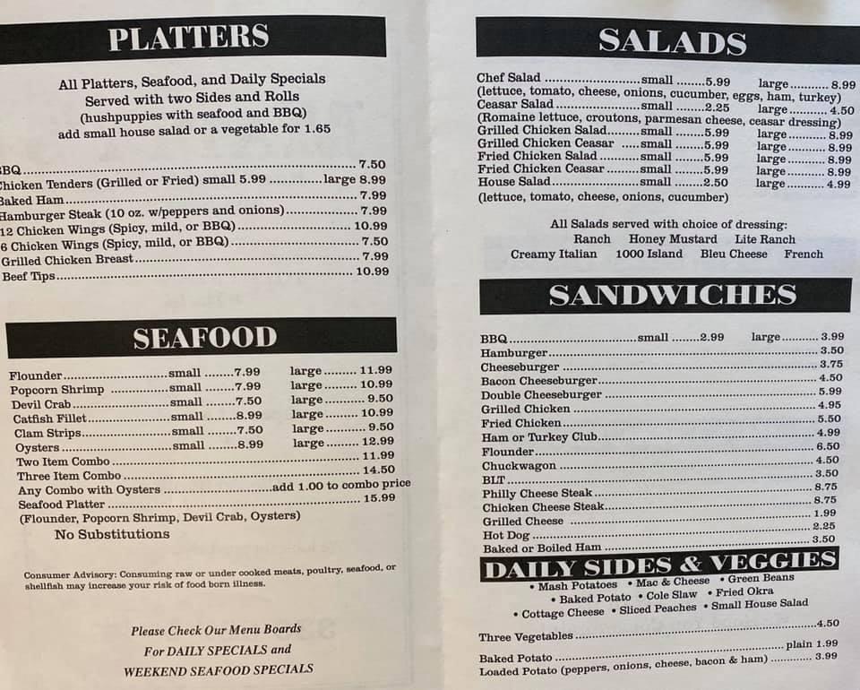 Menu at Matty's restaurant, Elkin