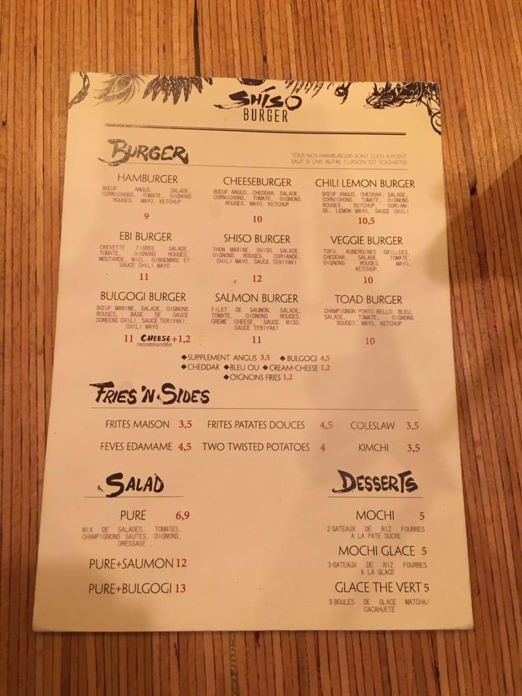 Menu au Shiso Burger restaurant, Paris, 21 Quai Saint-Michel