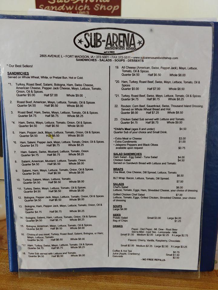 Menu at Sub Arena restaurant, Fort Madison
