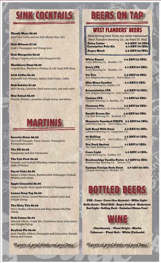Menu at The Sink pizzeria, Boulder, 13th St