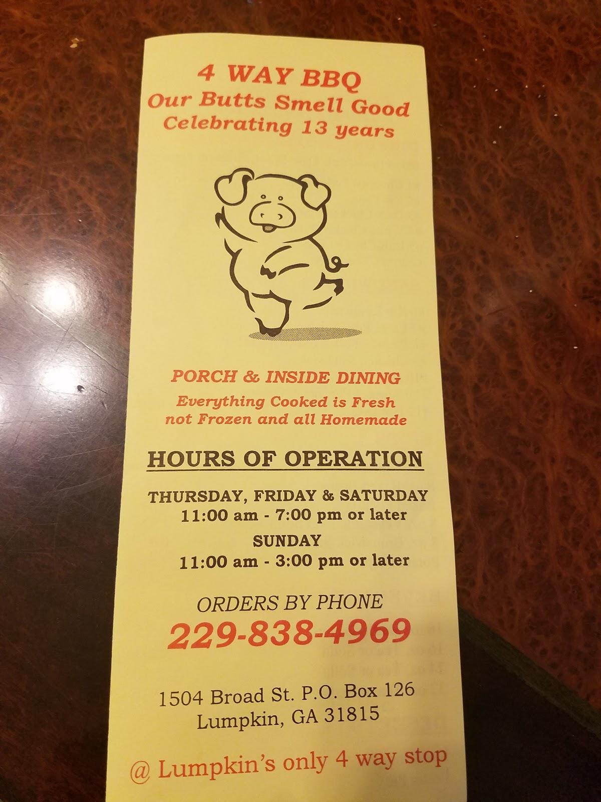 Menu at 4 Way BBQ, Lumpkin
