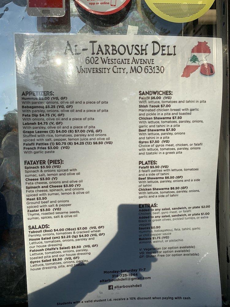 Menu at Al-Tarboush Deli restaurant, University City