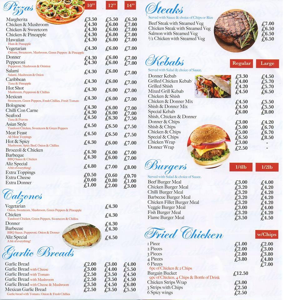 Menu at Aliz restaurant, Preston