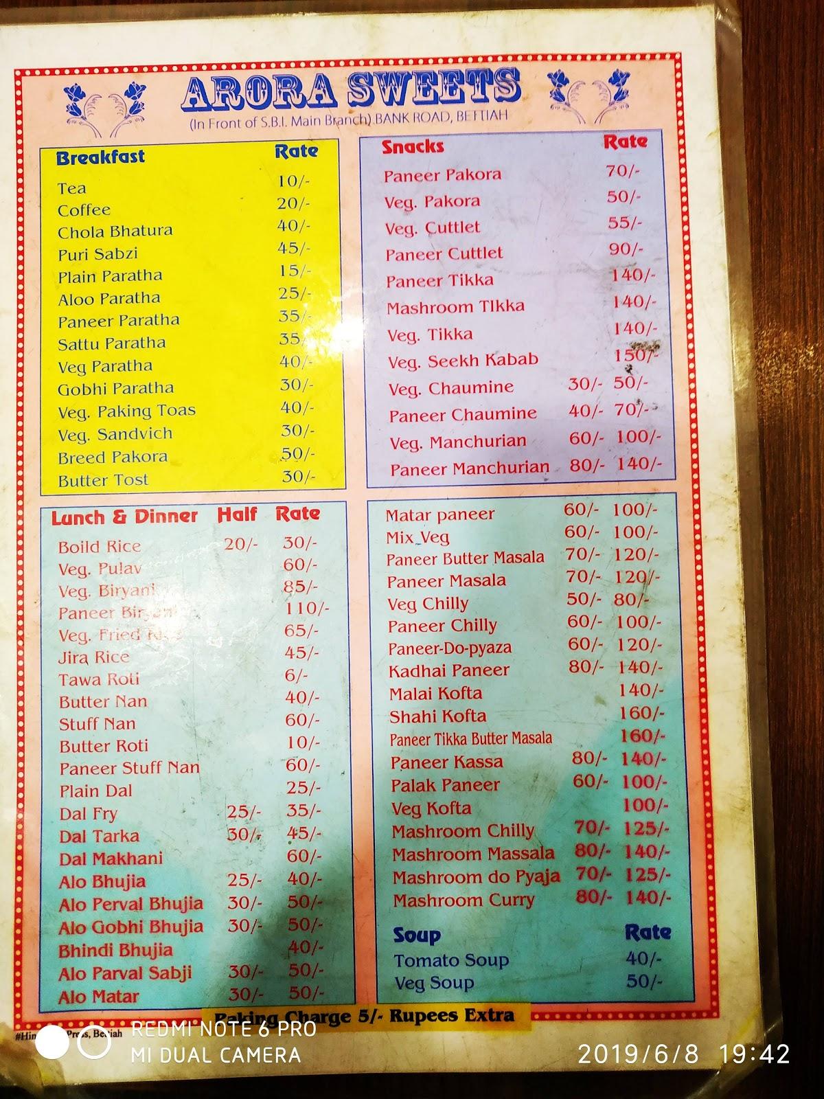 Menu at Arora zaika, Bettiah
