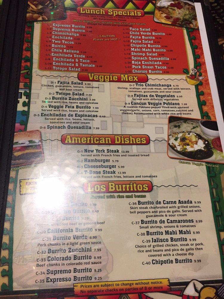 Menu at Ay Jalisco restaurant, Vero Beach, US-1