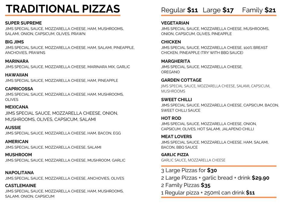 Menu at Big Jim's Pizza pizzeria, Castlemaine