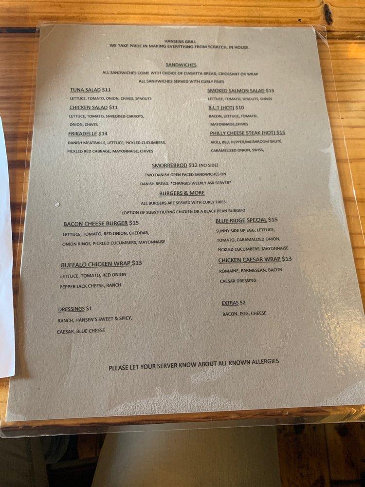 Menu at Hansen's Grill restaurant, Blue Ridge