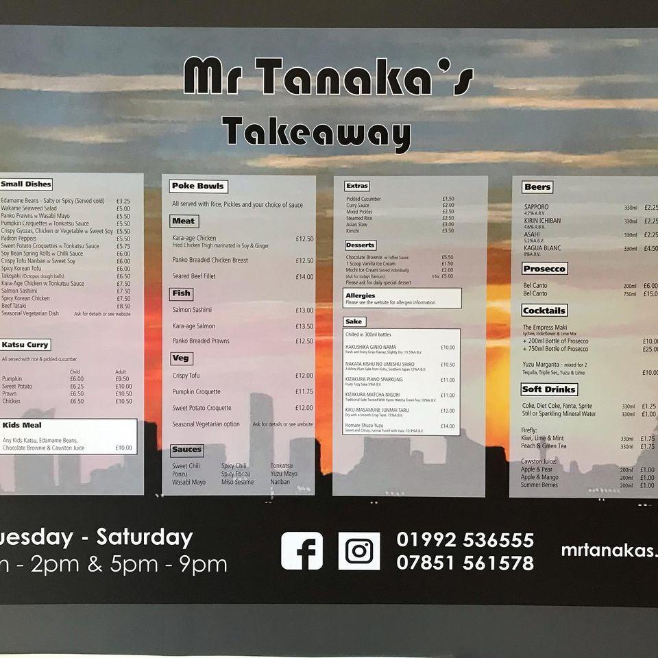 Menu at Mr Tanaka's restaurant, Hertford
