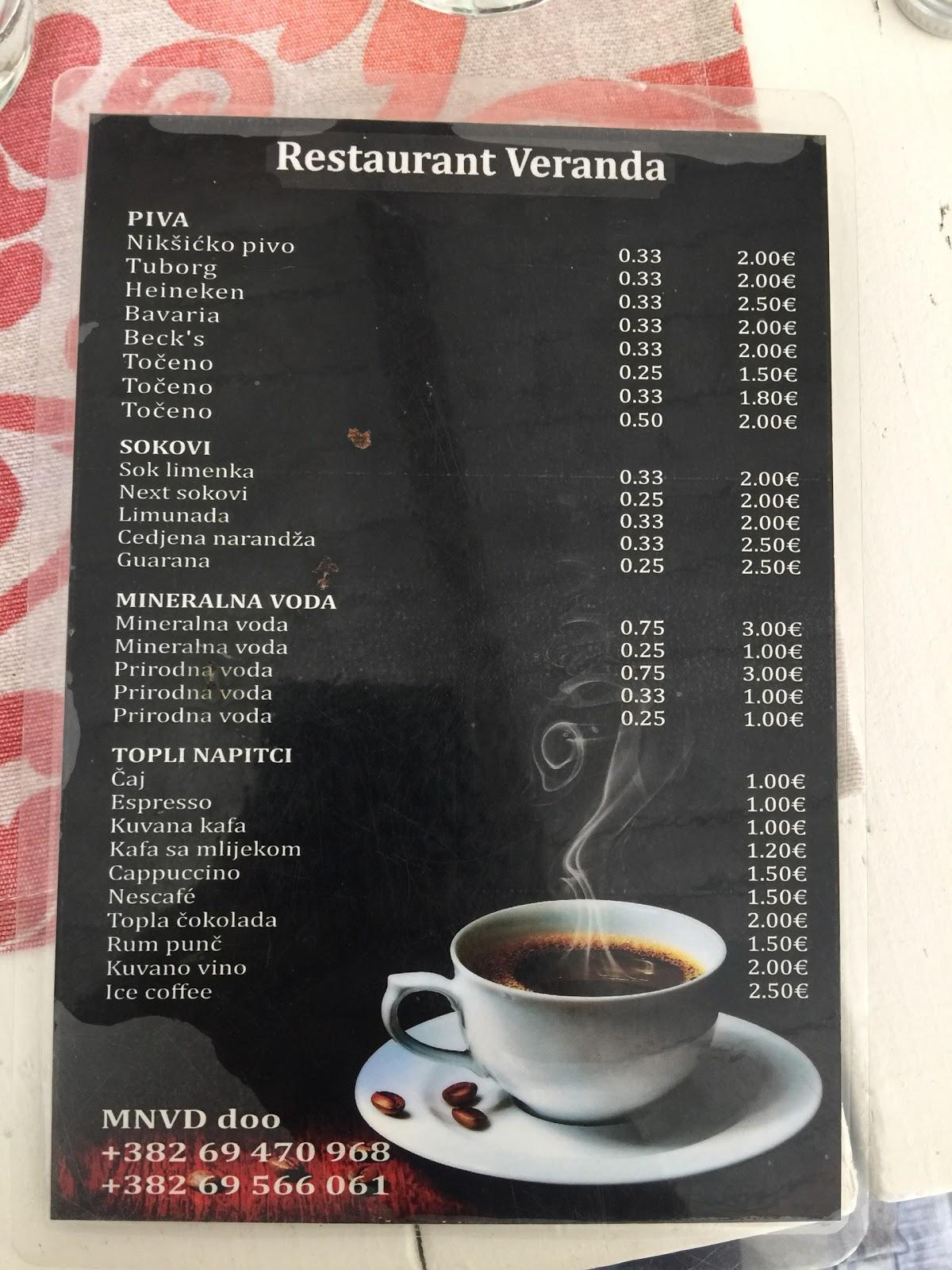 Menu at Restaurant Veranda, Orahovac