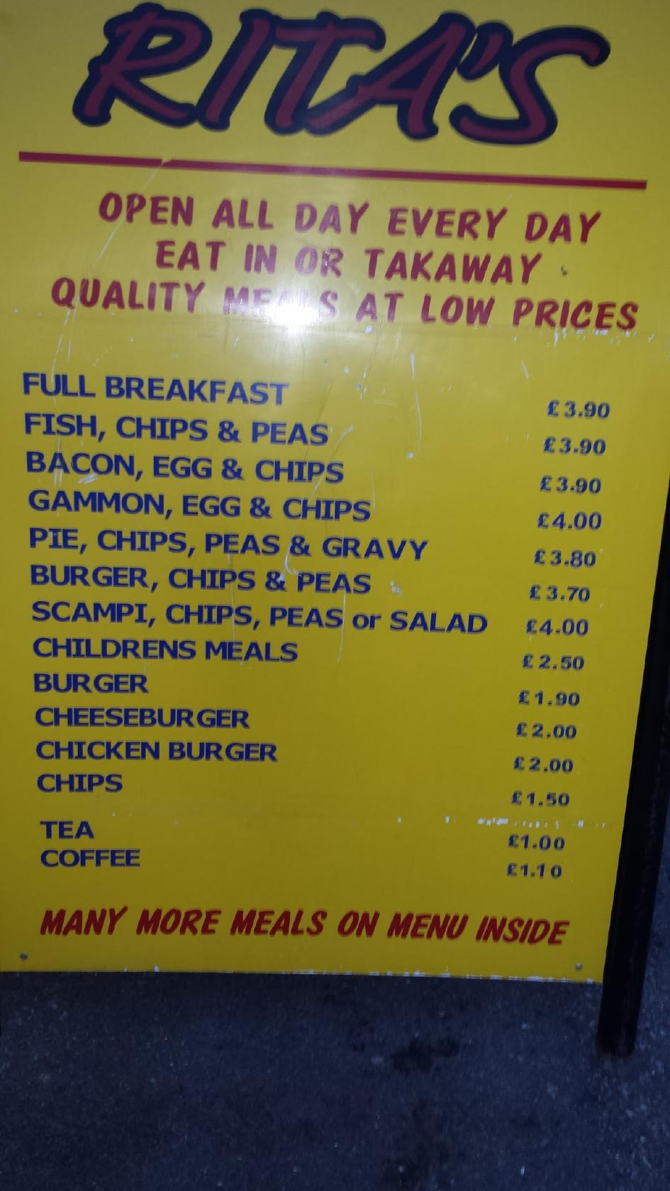Menu at Rita's Cafe, Morecambe