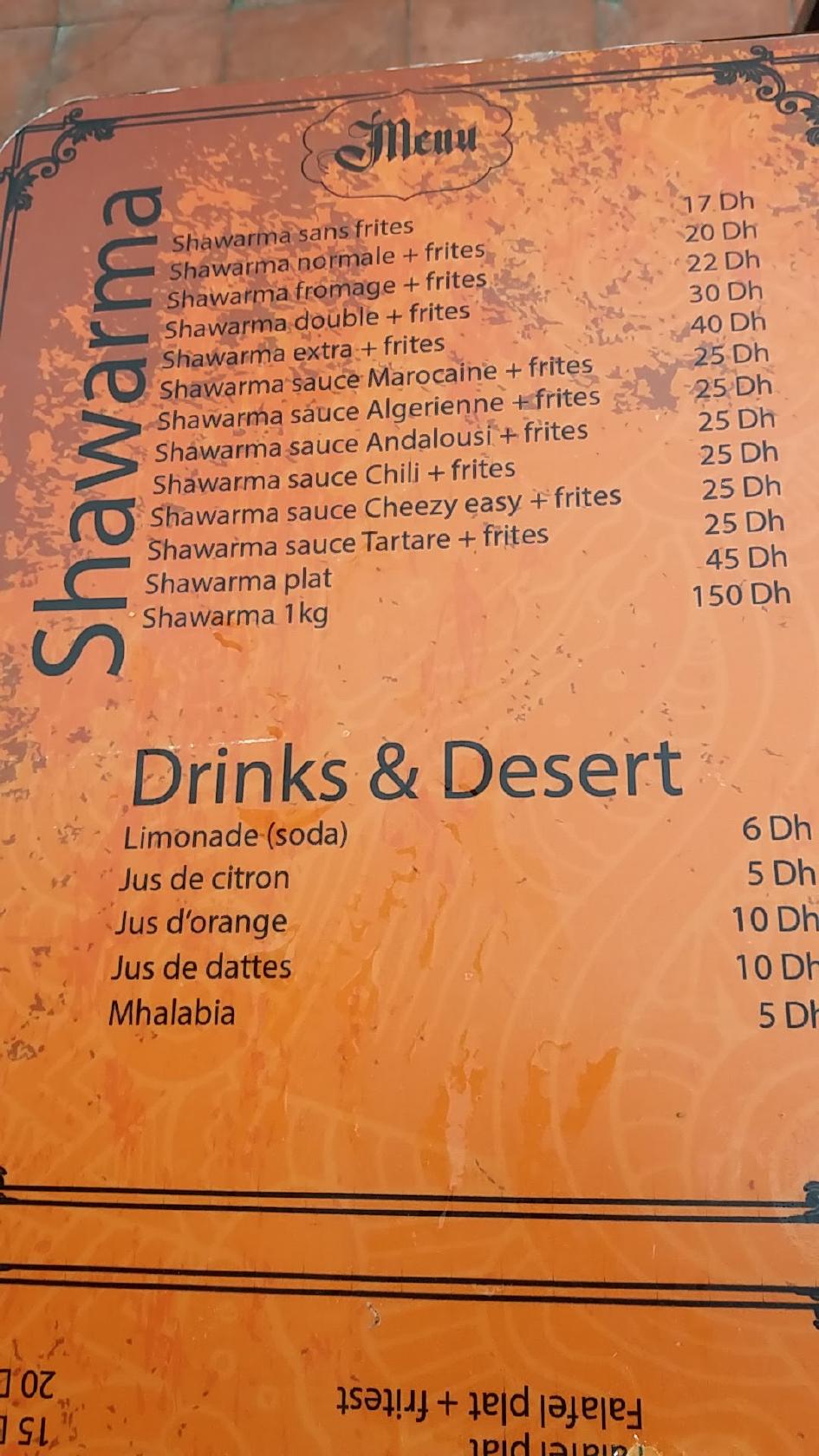 Menu au Shawarma Al Agha restaurant, Marrakech