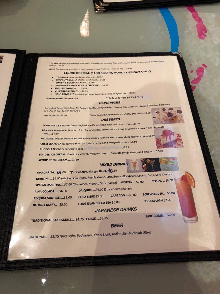 Menu at Sora Sushi Fusion Bar, Brownsville, Pablo Kisel Blvd