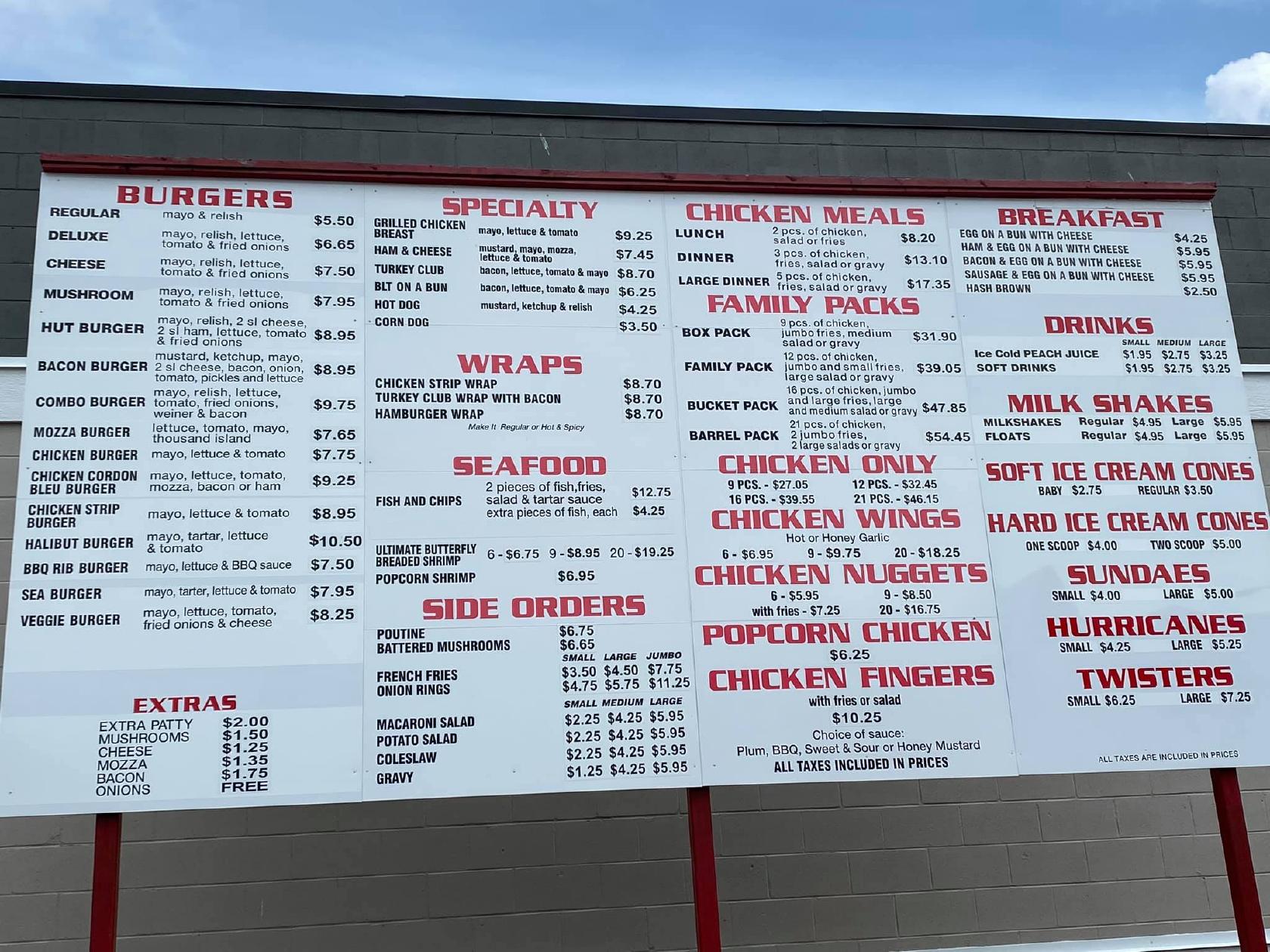 Menu at The Hut Drive Inn restaurant, Nakusp
