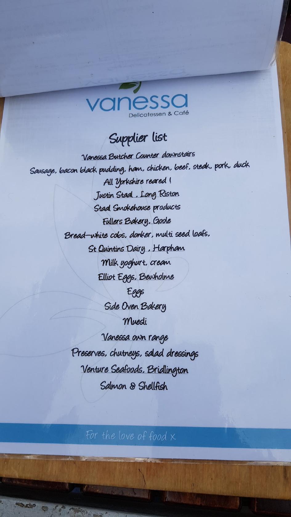 Menu at Vanessa Delicatessen & Café cafe, Beverley