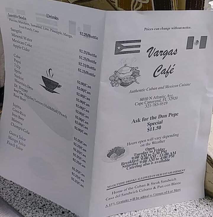 Menu at Vargas Cafe, Cape Canaveral