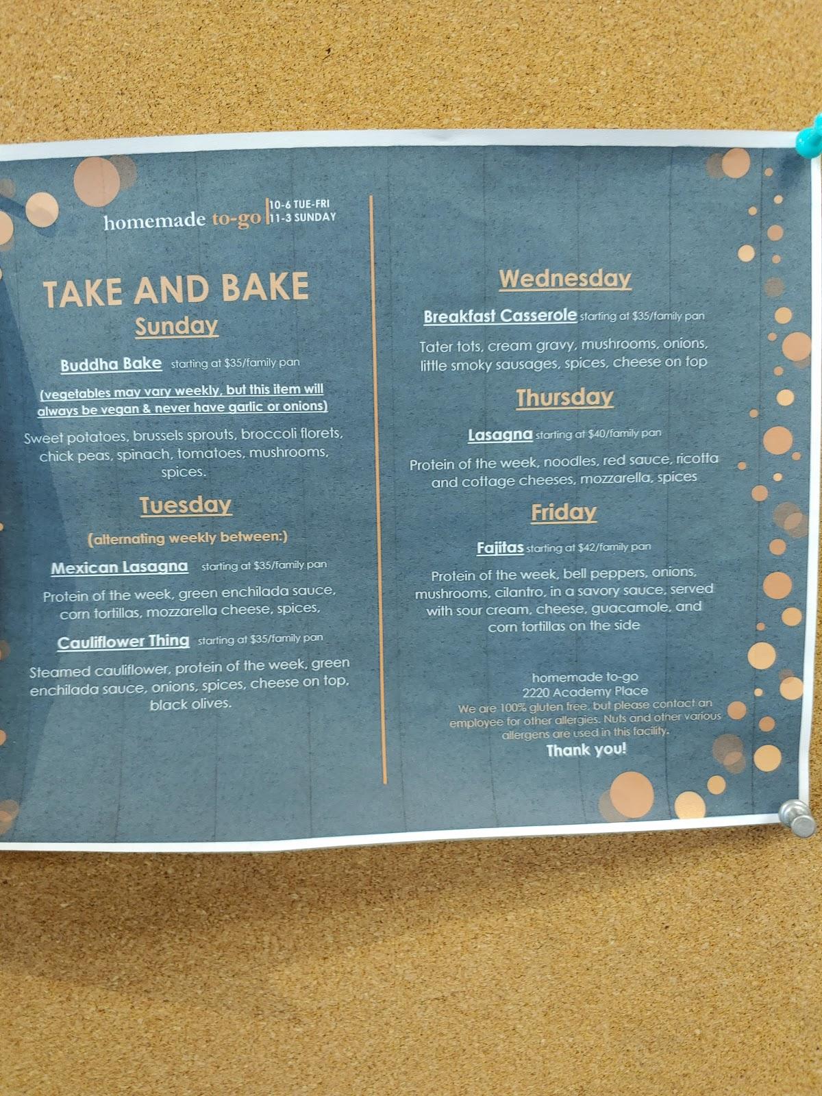 Menu at homemade to-go restaurant, Colorado Springs