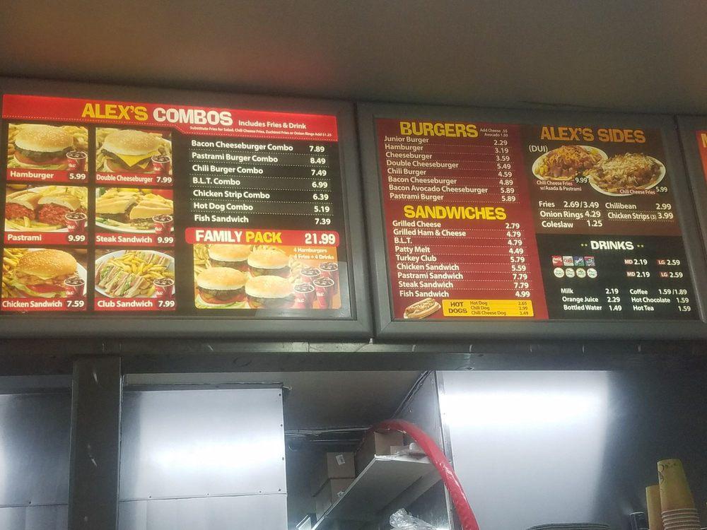 Menu at Alex Burgers restaurant, Los Angeles, E Olympic Blvd
