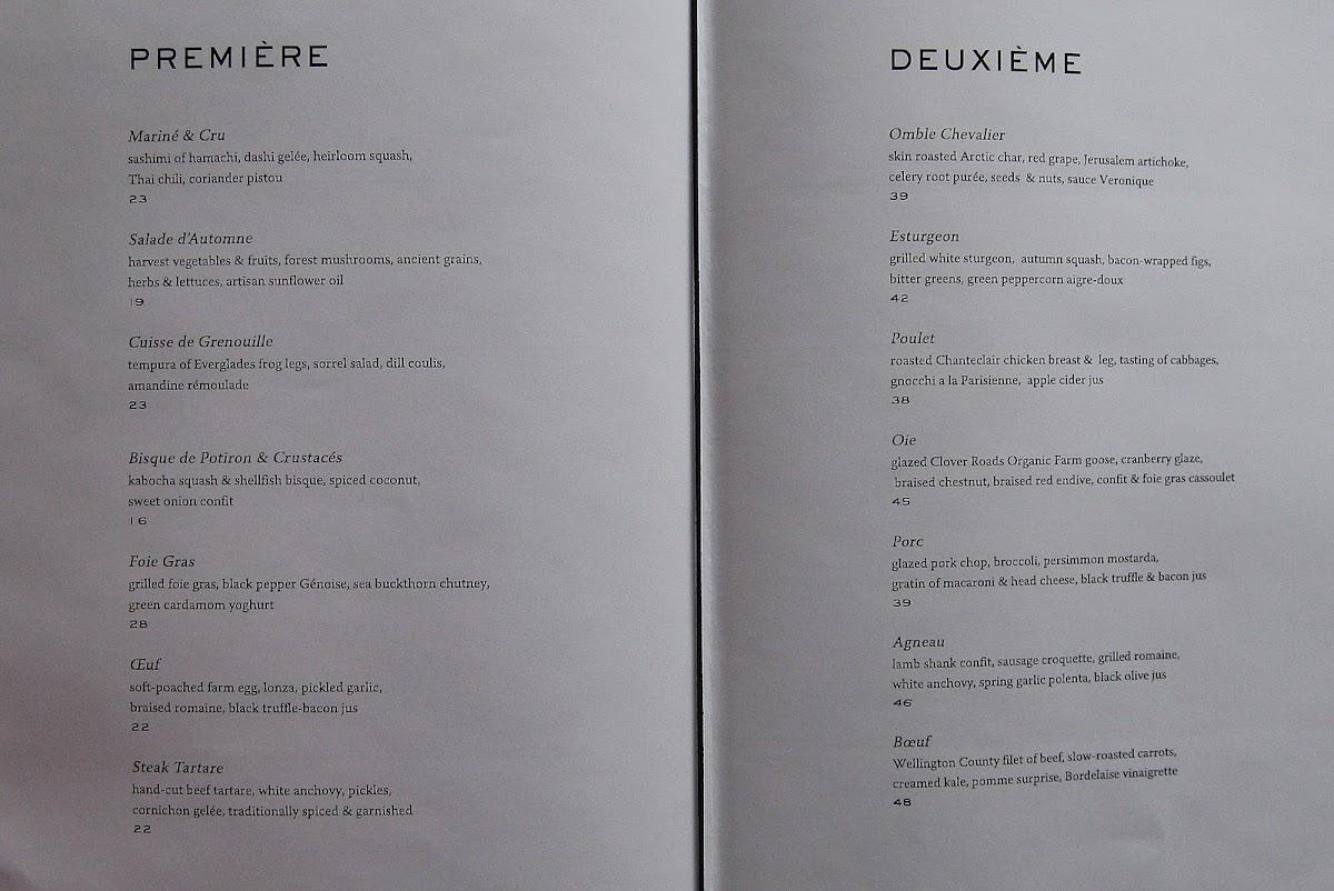 Menu at Auberge du Pommier restaurant, Toronto