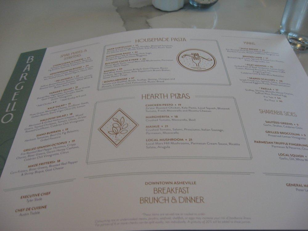 Menu at Bargello, Asheville