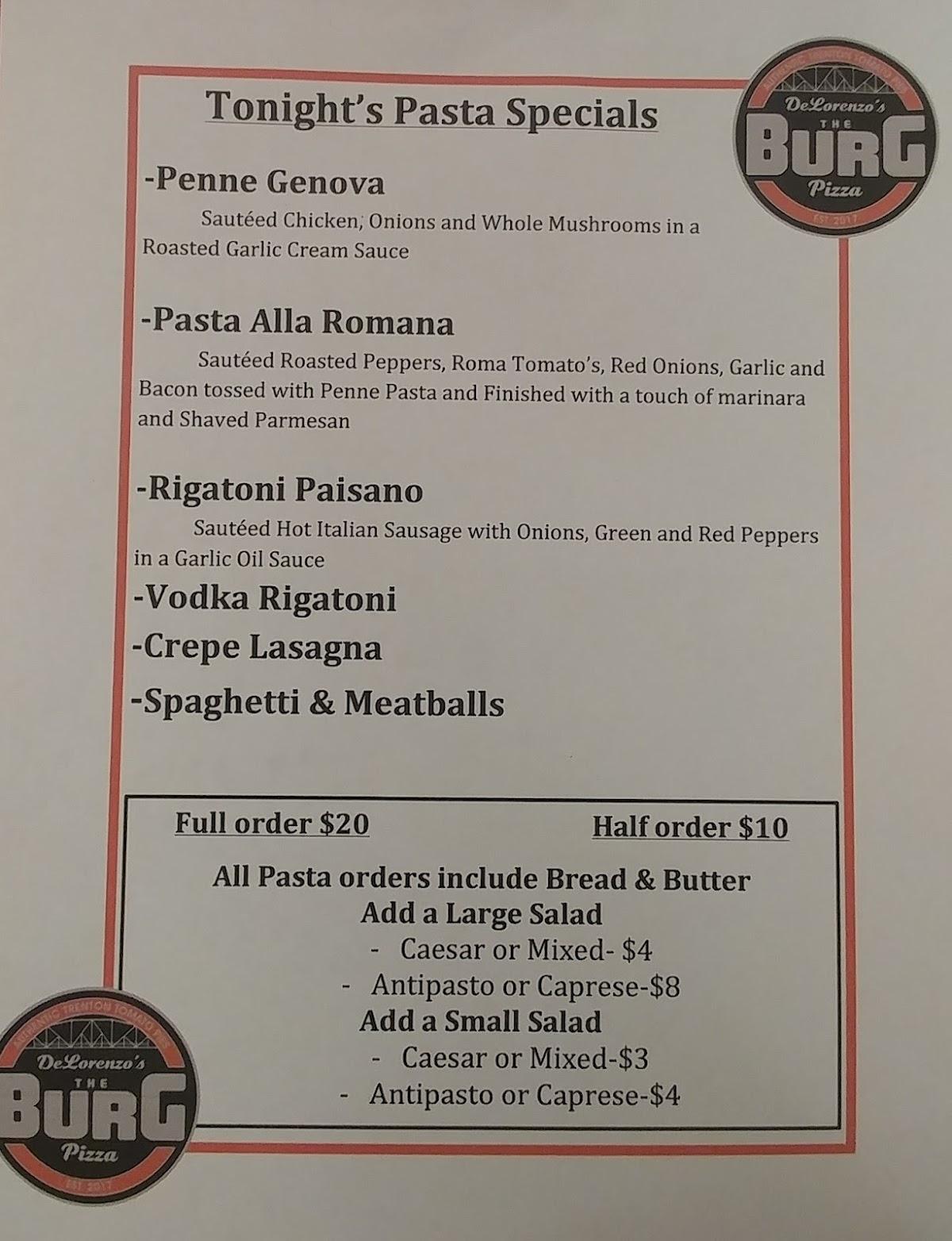 Menu at DeLorenzo's The Burg Pizza pizzeria, Levittown