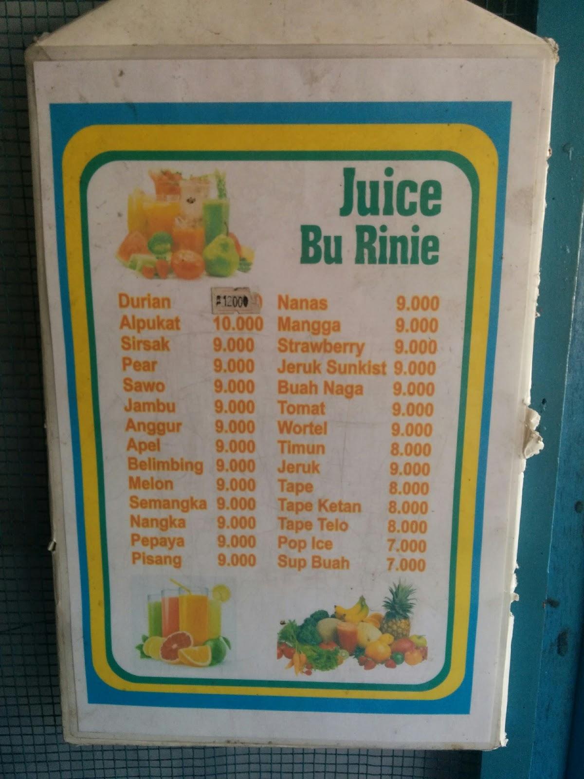 Menu at Jus Bu Rini cafe, Yogyakarta