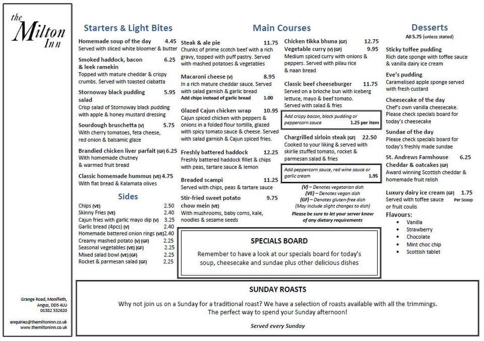 Menu at Milton Inn pub & bar, Dundee